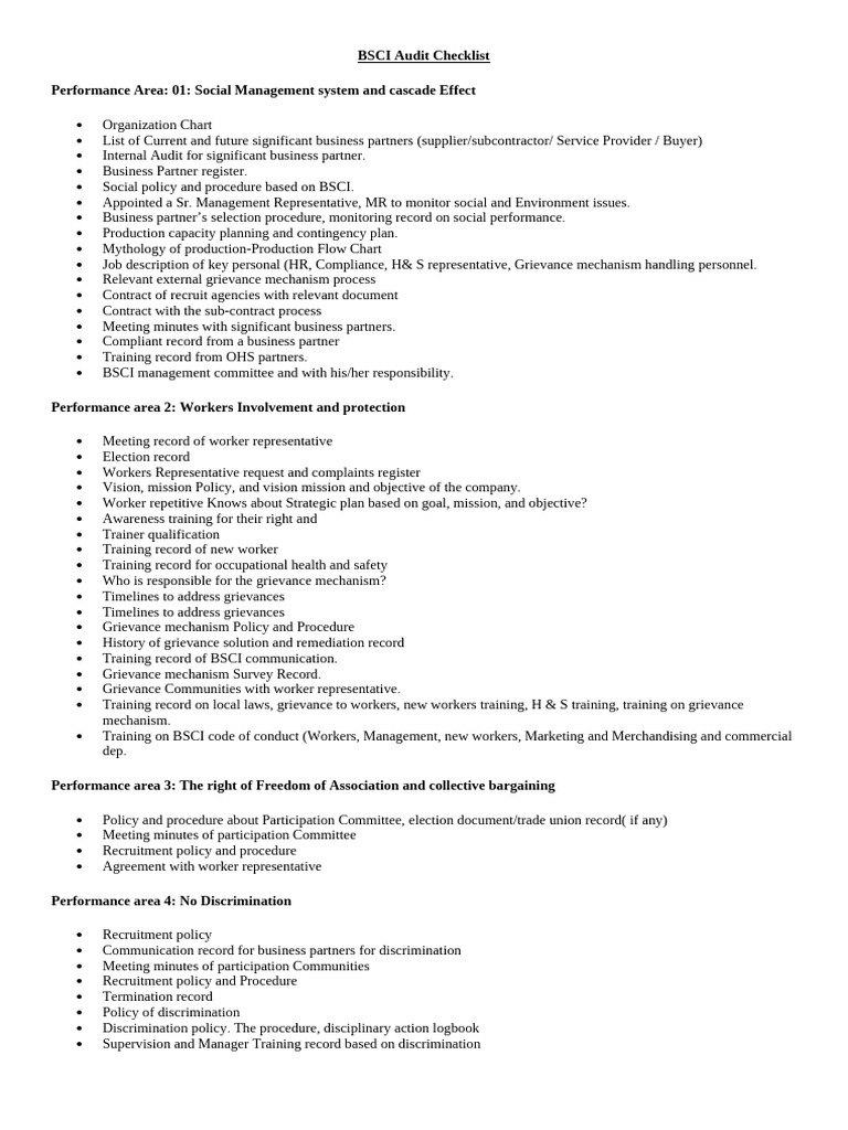 BSCI Audit Checklist | PDF | Employment | Human Resources