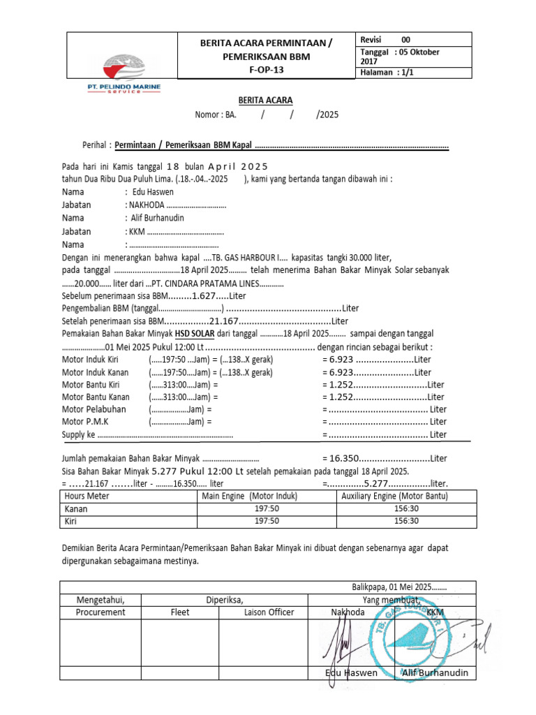 BA Permintaan BBM 01 MEI 2025 | PDF