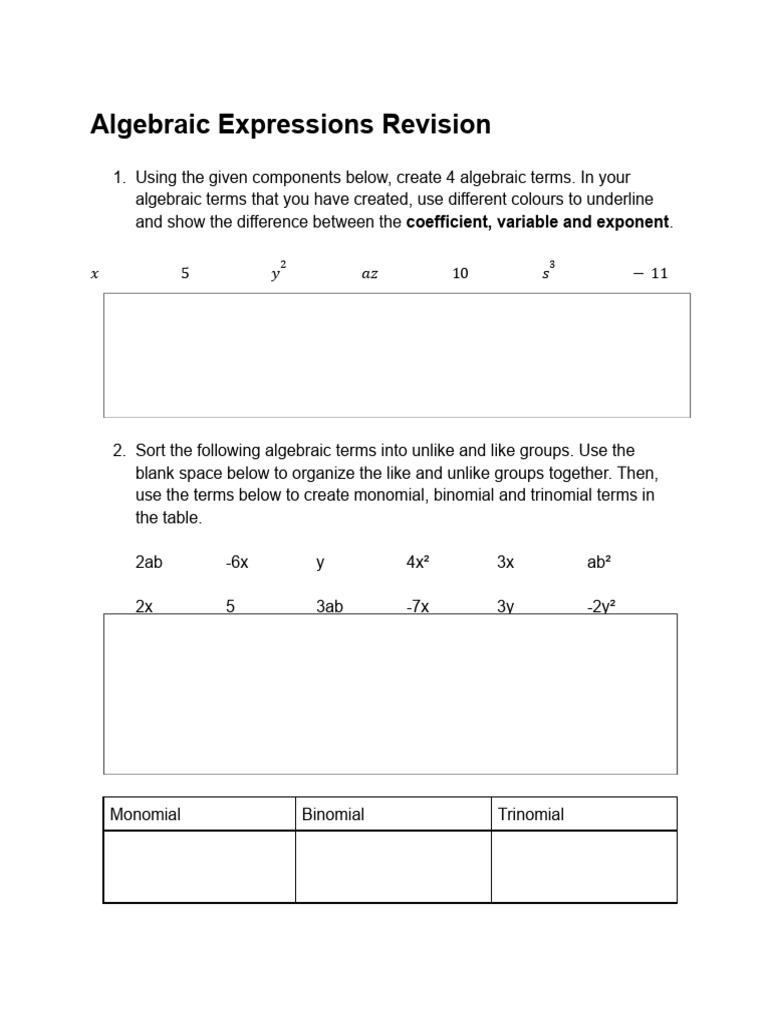 Grade 9 Algebraic Expressions Revision-2 | PDF