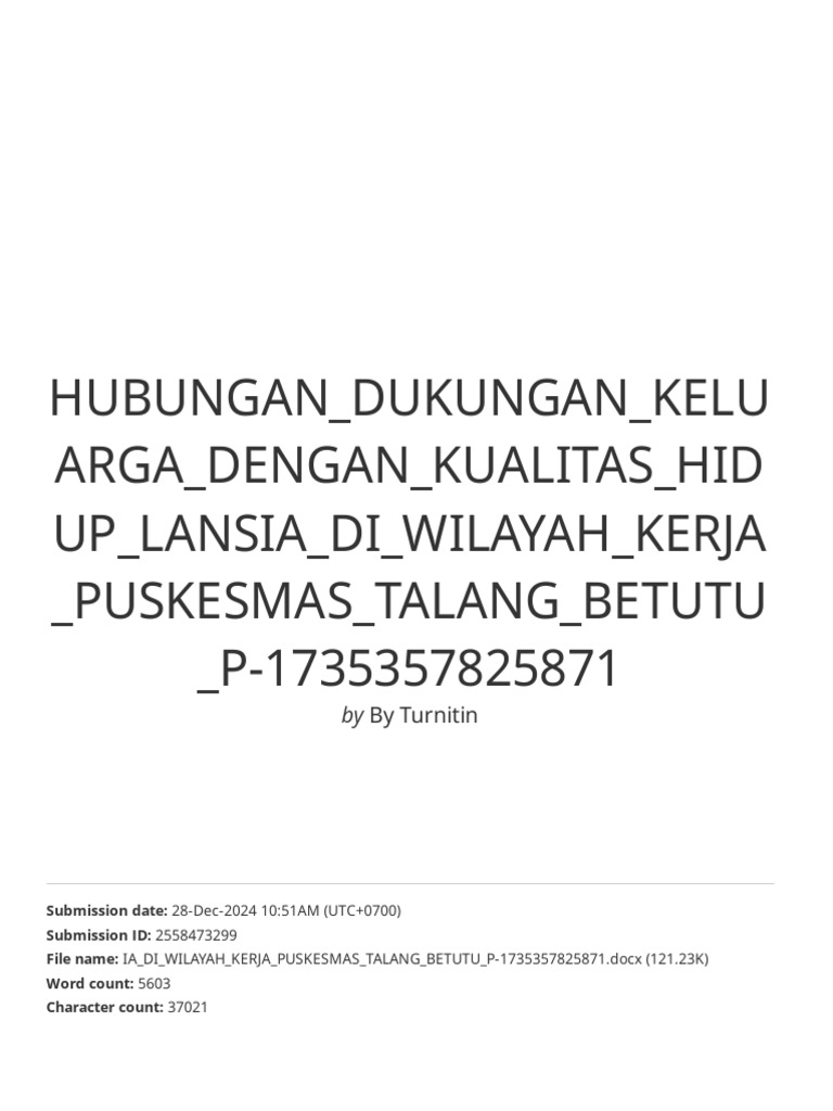 Hubungan Dukungan Keluarga Dengan Kualitas Hidup Lansia Di Wilayah Kerja Puskesmas Talang Betutu ...
