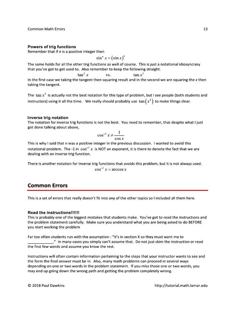 Common Maths Errors | PDF