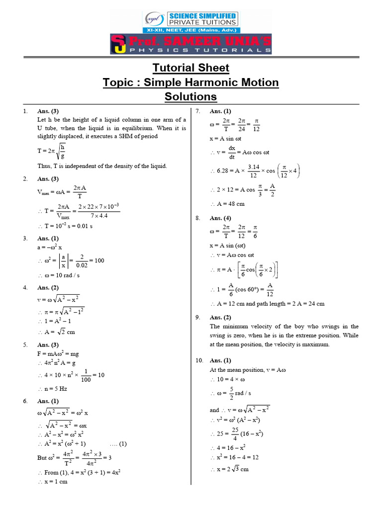 Prof. Sameer Unia - Tutorial Sheet - MCQs - Solutions - Simple Harmonic Motion - 18-12-2024 ...