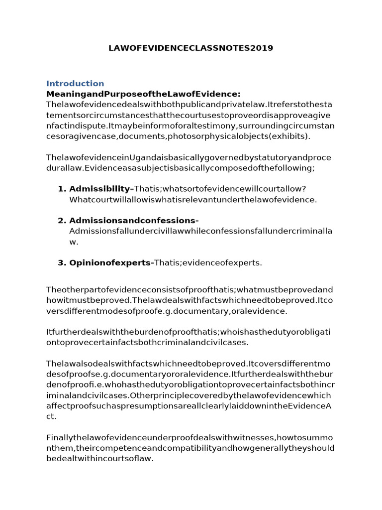 Law of Evidence Class Notes 2019 | PDF