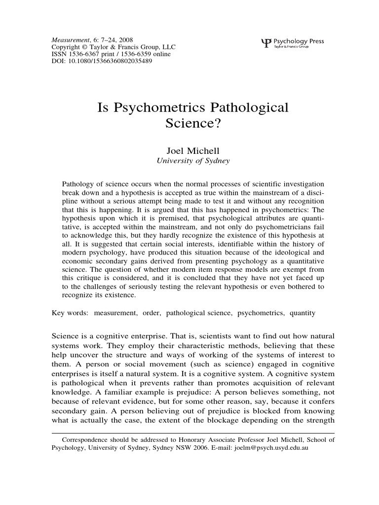 Psychometrics: A Pathological Science? | PDF | Psychometrics | Psychology