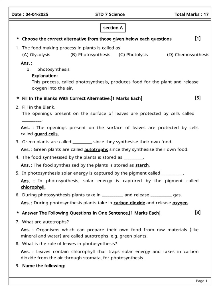 7th Science CH 1 - Solution | PDF | Stoma | Photosynthesis