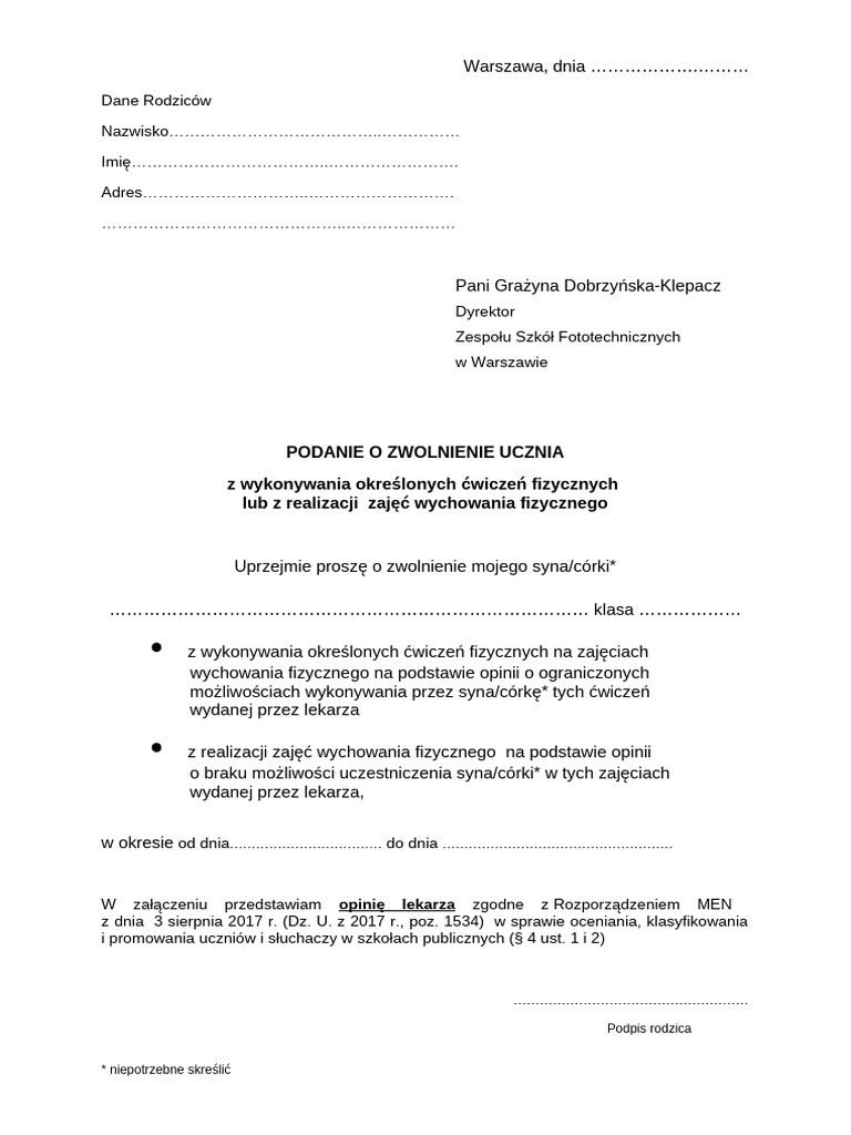 Podanie o Zwolnienie Z Zajec Fizycznego Rodzice | PDF
