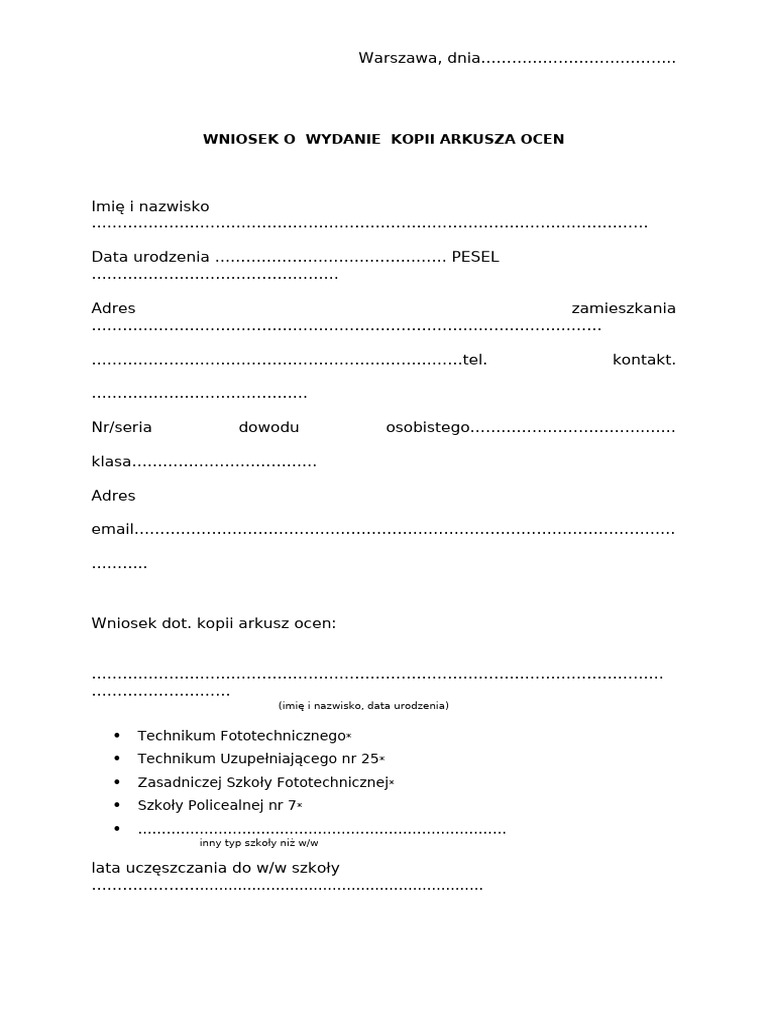 Wniosek o Wydanie Kopii Arkusza Ocen | PDF