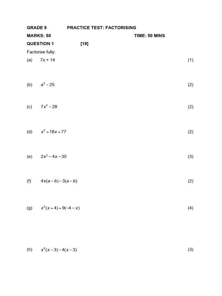 Grade 9practice Test Factorising 1 | PDF