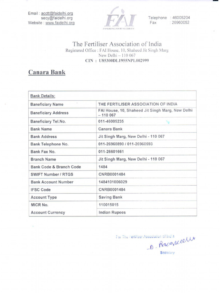 Bank Details (Canara Bank) | PDF