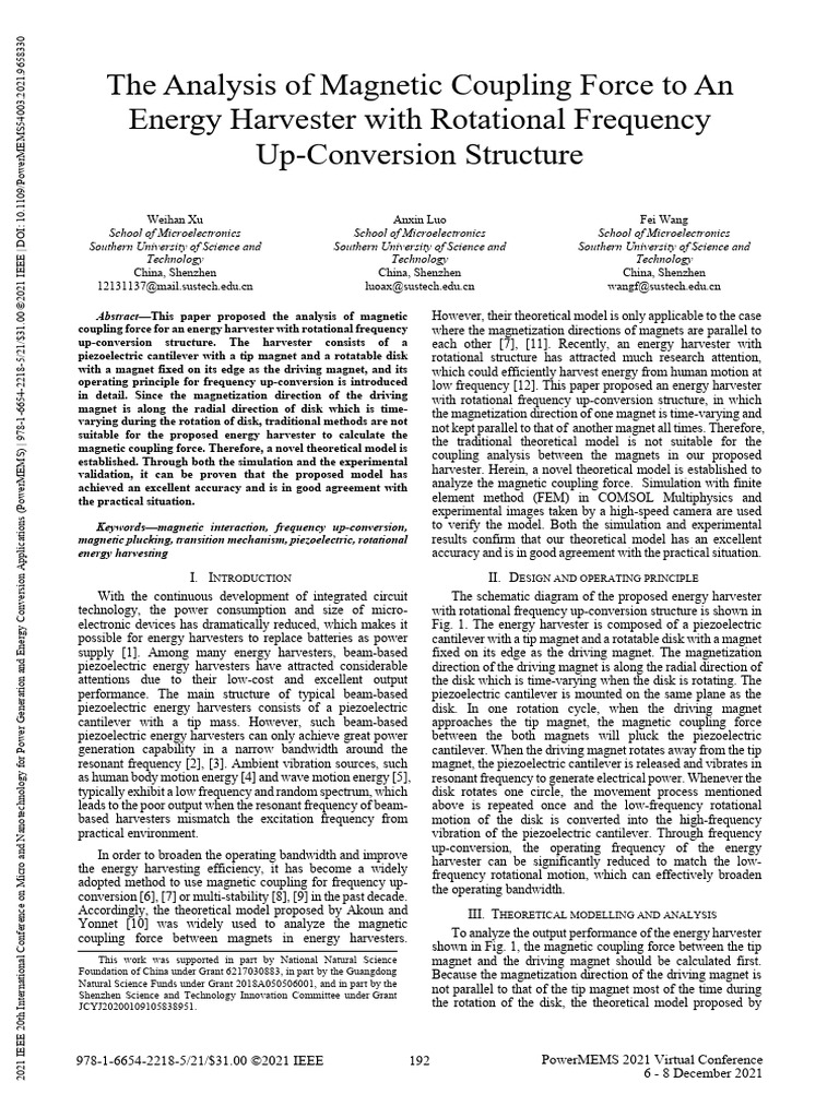 The Analysis of Magnetic Coupling Force To An Energy Harvester With ...