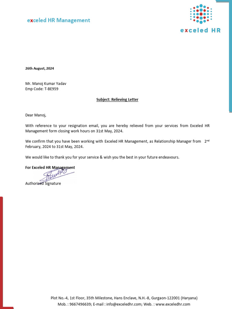 Resignation Acceptance and Relieving Letter | PDF