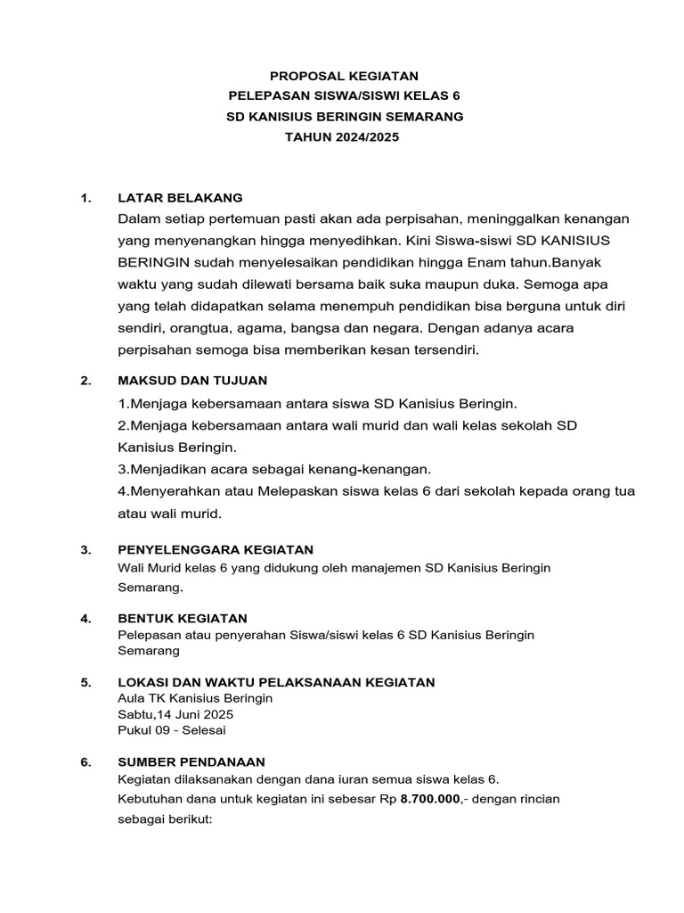 Proposal Pelepasan Kelas 6 SD Kanisius Beringin - 20250509 - 164331 - 0000 | PDF