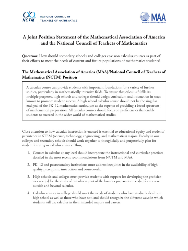 Calculus Pos Statement v3 | PDF | Curriculum | National Council Of ...