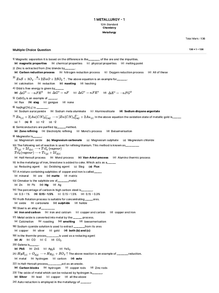 LN 1 Metallurgy Choose Quesanswer | PDF | Redox | Iron