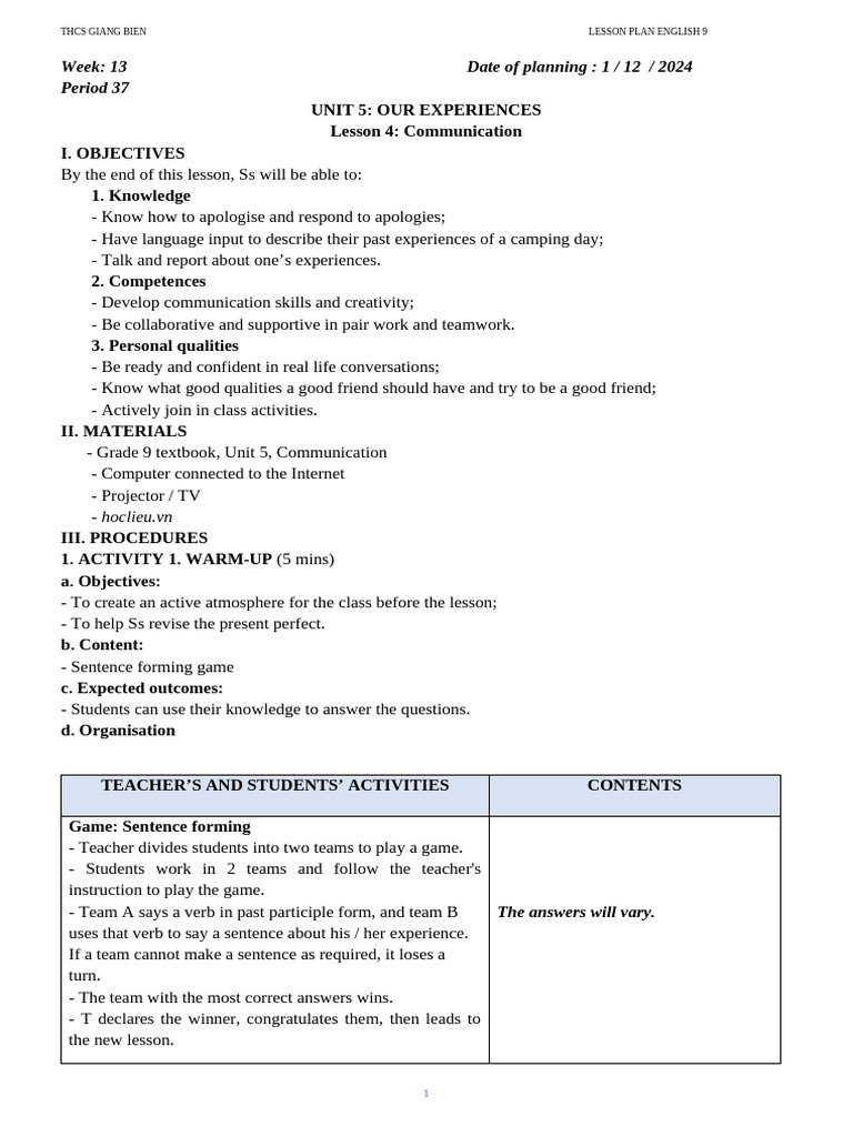 E9 - Lesson plan - week 13 - 16 | PDF | Lesson Plan | Vocabulary