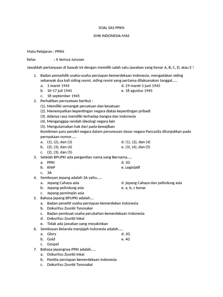 SOAL SAS PPKN kelas X 2025 GASAL | PDF