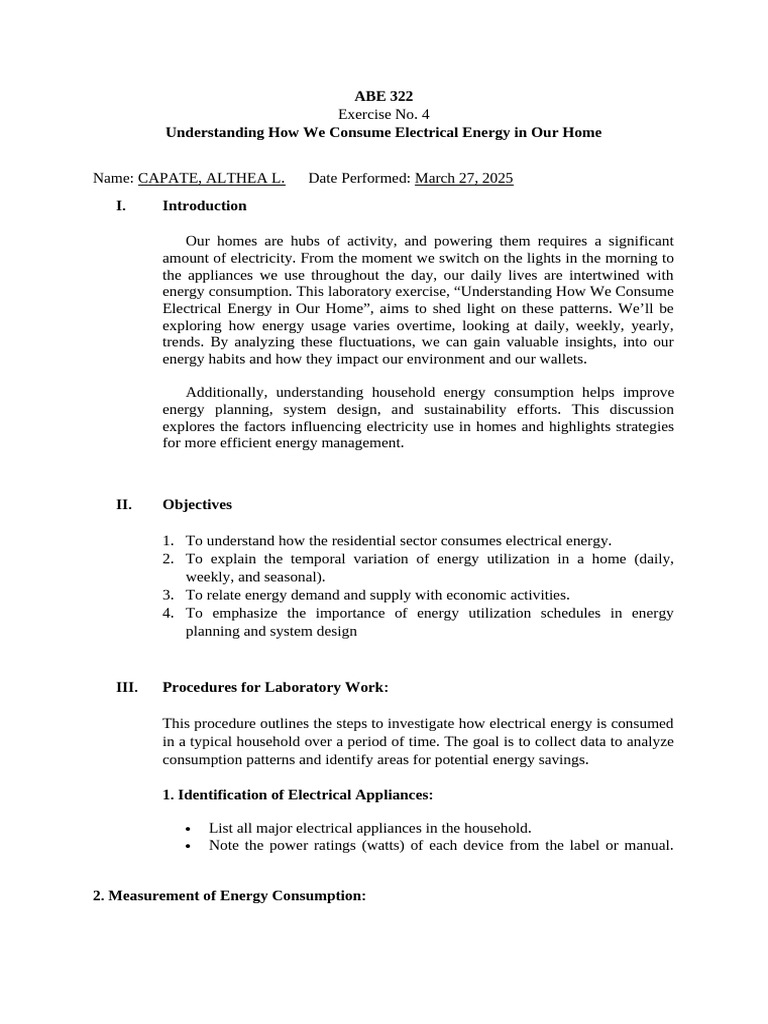 Lab Exercise No. 4 Uderstanding Electrical Energy | PDF | Renewable ...