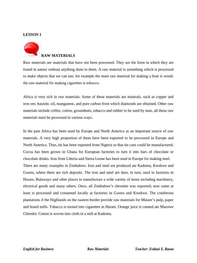 Lesson 1 Raw Materials | PDF | Chocolate | Steel