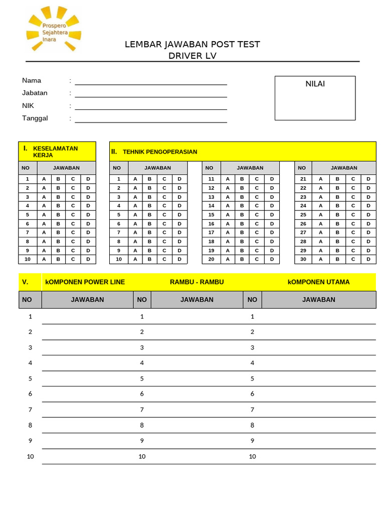 Post Test Answer Sheet for Drivers | PDF