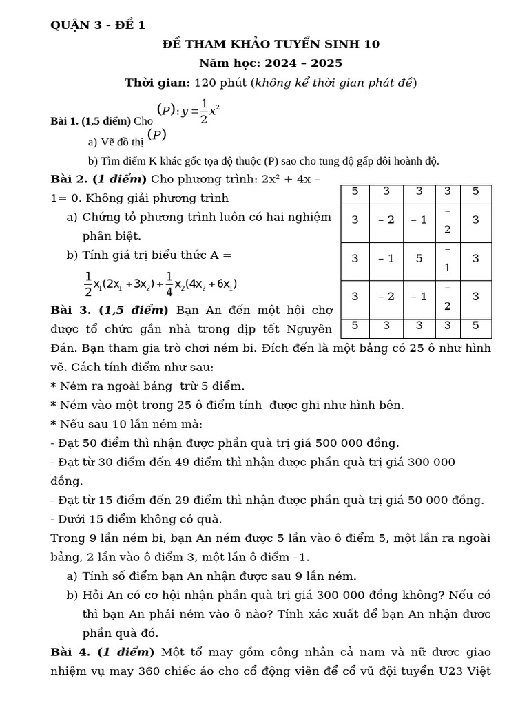 QUẬN 3 TS10 25 - 26 - ĐỀ 1 | PDF