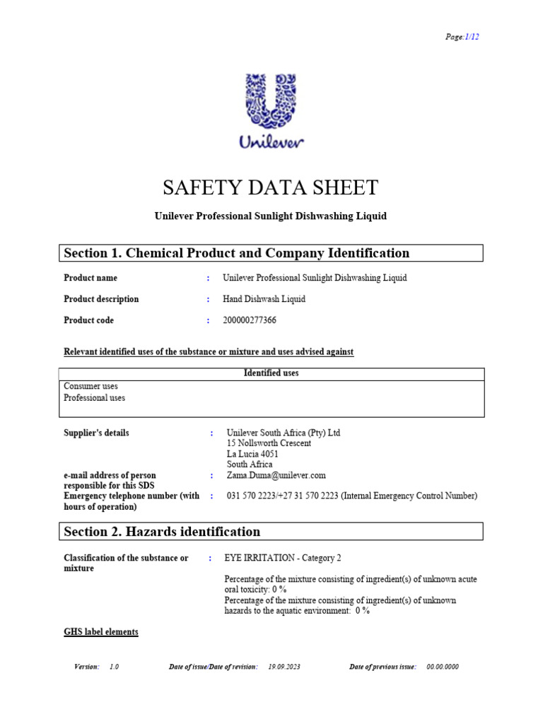 Sunlight Dishwashing Liquid Msds | PDF | Toxicity | Pollution