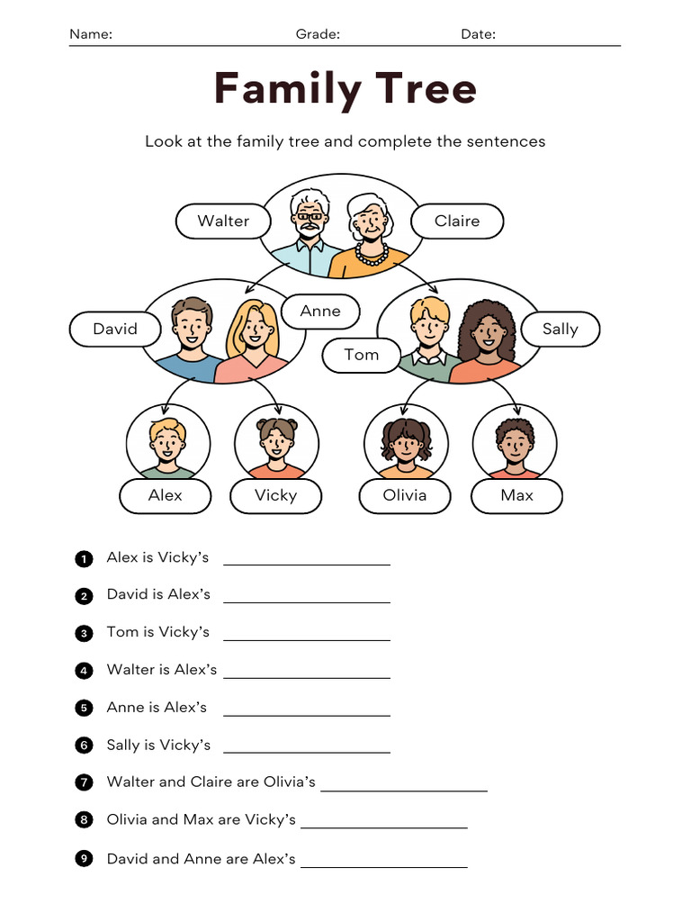 Family Tree Vocabulary Activity Worksheet in Colorful Simple Style | PDF