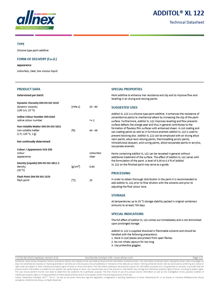 Additol XL 122 Paint Additive Datasheet | PDF | Viscosity | Gases