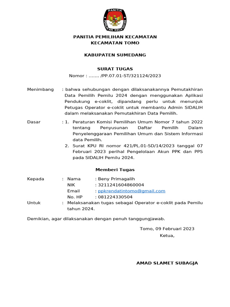 Surat Tugas Dan SPTJM - PPK Tomo | PDF