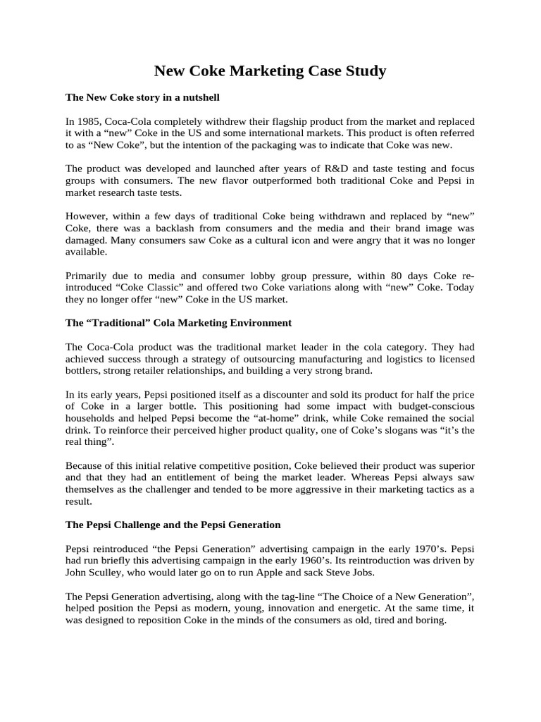 New Coke Marketing Case Study Analysis | PDF | Coca Cola | Pepsi