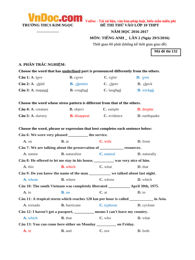 De Thi Thu Vao Lop 10 Mon Tieng Anh Nam Hoc 2016 2017 Truong Thcs Kim Ngoc Vinh Phuc Lan 2 | PDF ...