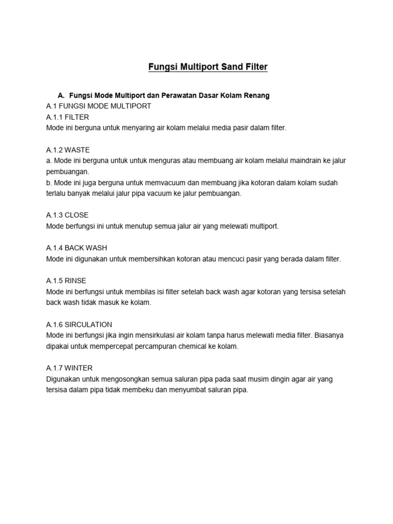 Fungsi Mode Multiport Sand Filter | PDF