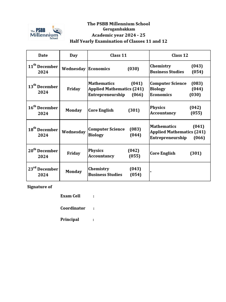 STD 11 & 12 Half Yearly Examination Schedule (24-25) | PDF