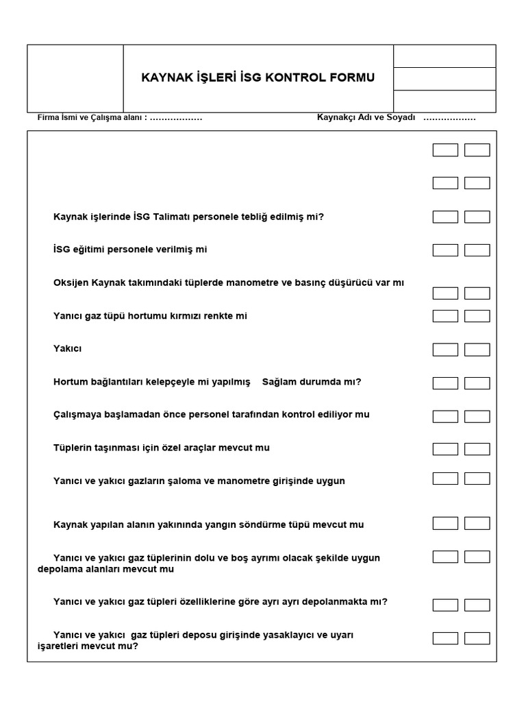 Kaynak İşleri̇ İsg Kontrol Formu | PDF