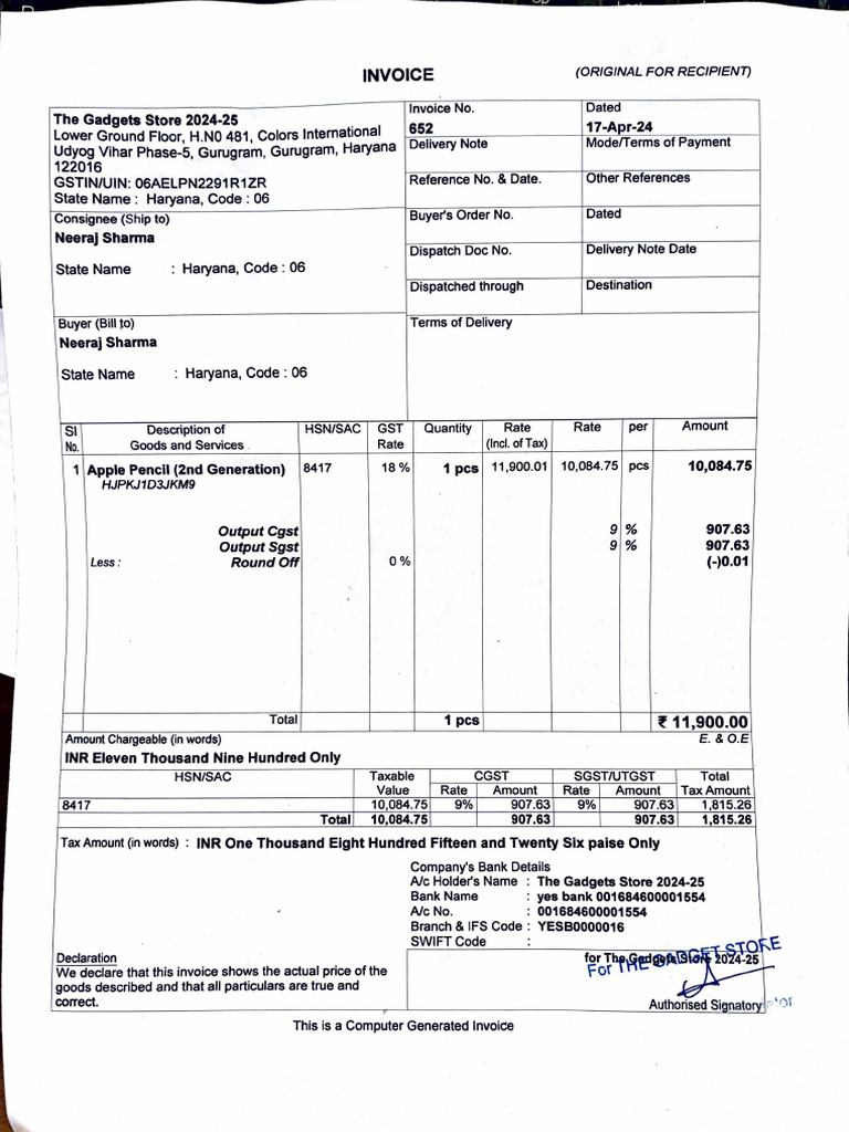 Apple Pencil 2nd Gen Invoice | PDF