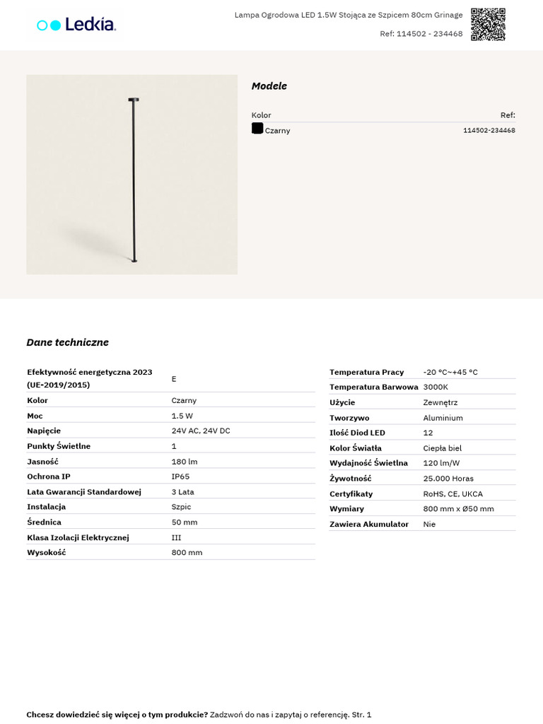 Lampa Ogrodowa LED 1.5W Stojąca Ze Szpicem 80cm Grinage | PDF
