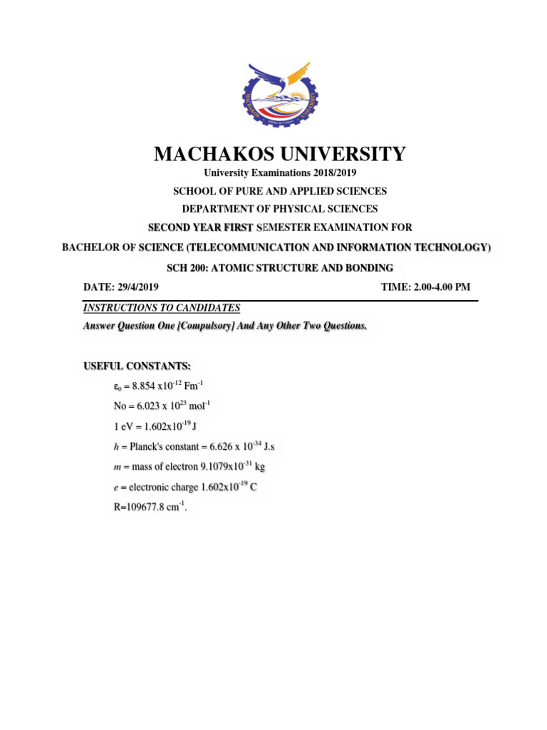 SCH 200: Atomic Structure Exam Guide | PDF | Molecular Orbital ...