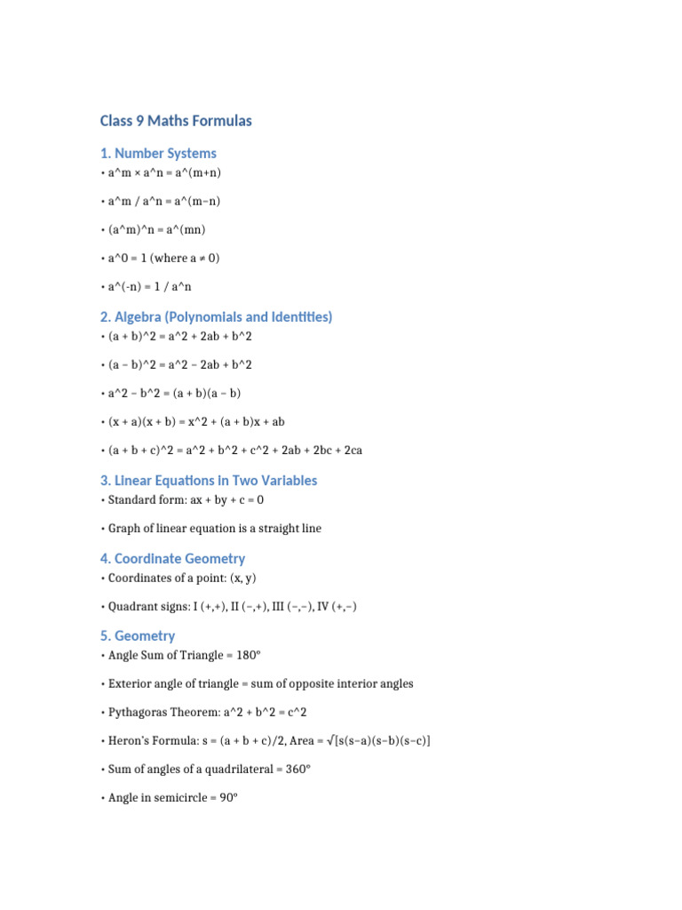 Class 9 Maths Formulas Guide | PDF