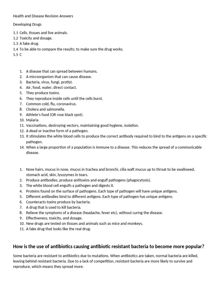 Health and Disease Revision Answers | PDF | Pathogen | Bacteria