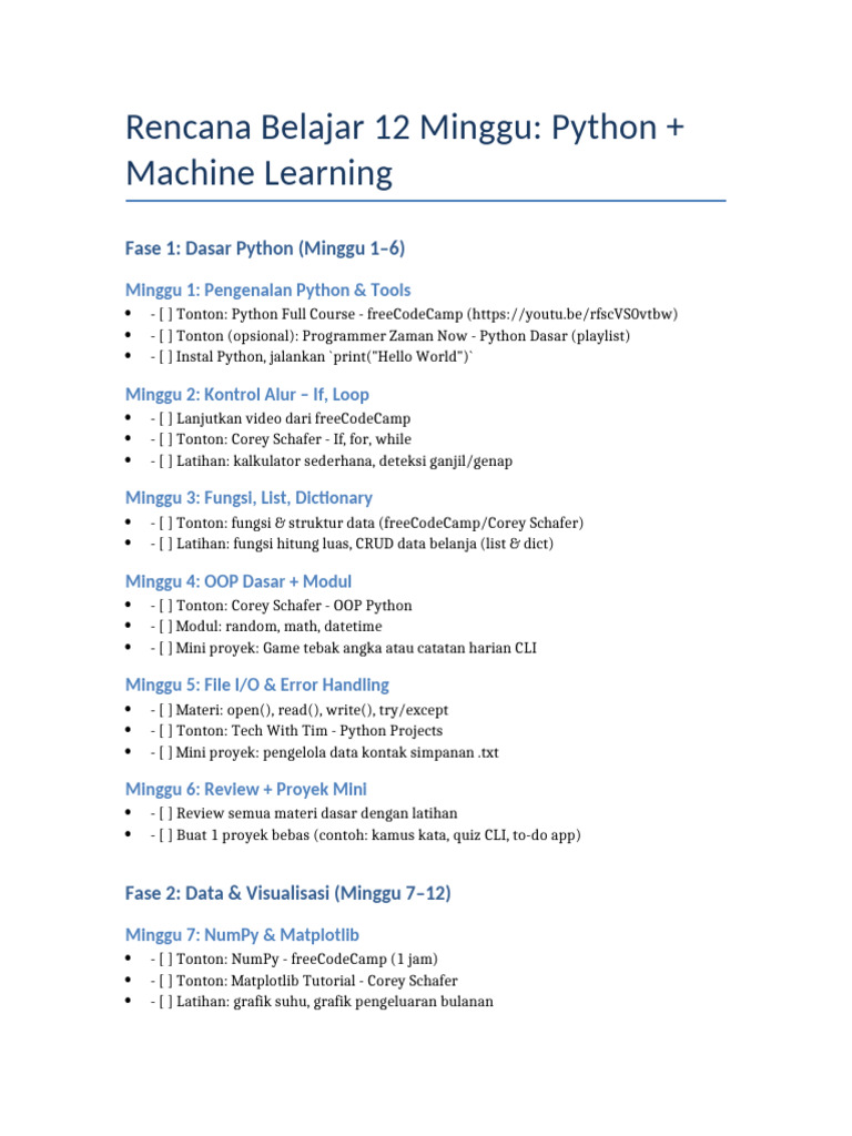 Rencana Belajar 12 Minggu Python ML | PDF