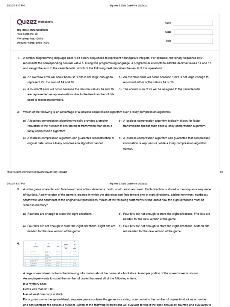 Big Idea 2 Practice Test | PDF | Data Compression | Financial Transaction