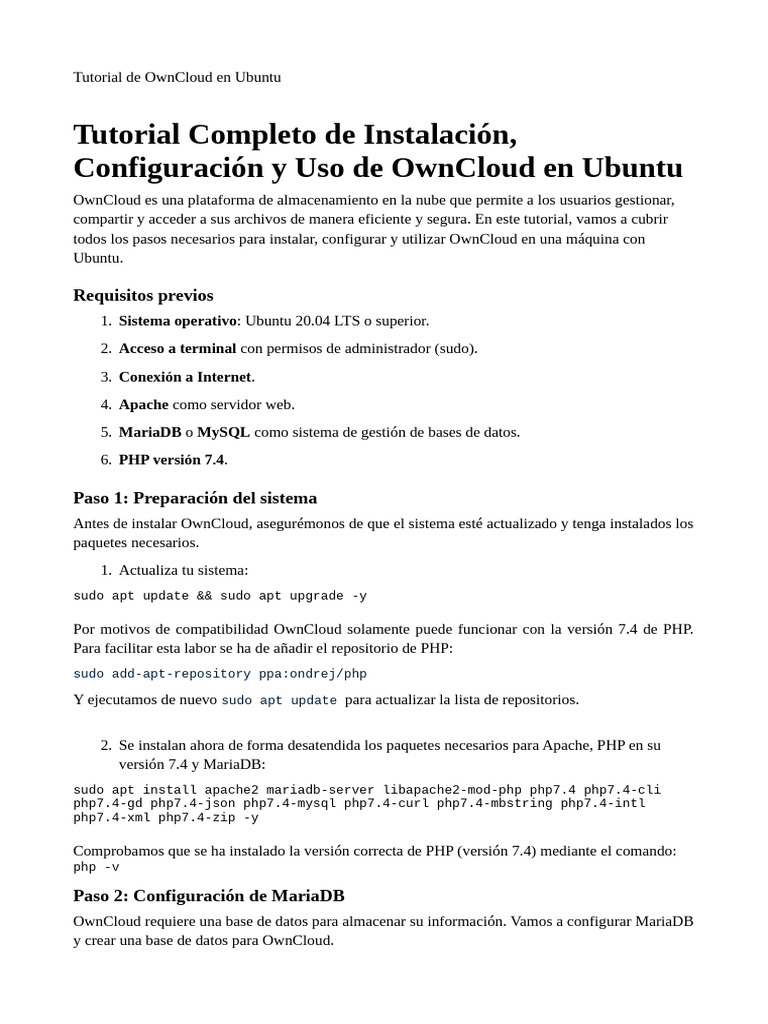 Tutorial de OwnCloud en Linux Versión2 | PDF | Aplicación movil | Servidor HTTP Apache