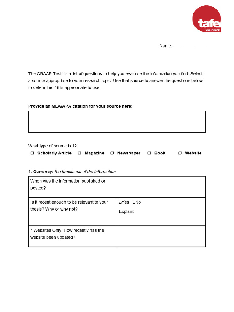 Appendix 1 CRAAP Testwork Sheet | PDF | Cognition | Human Communication