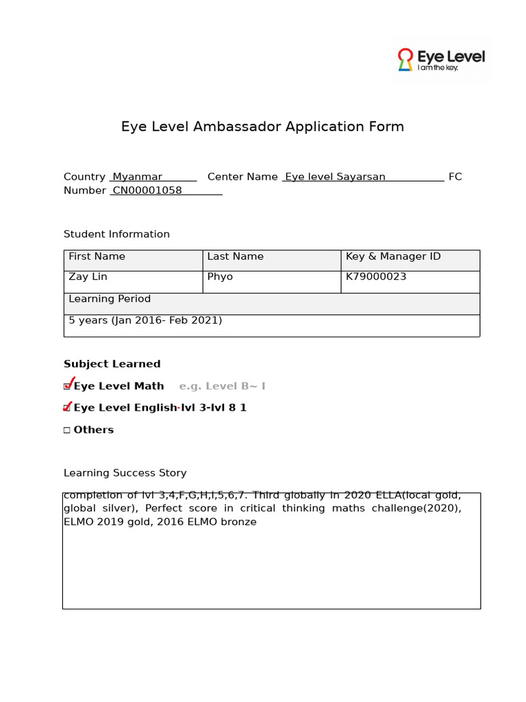 Eye Level Ambassador Application Form 2 | PDF