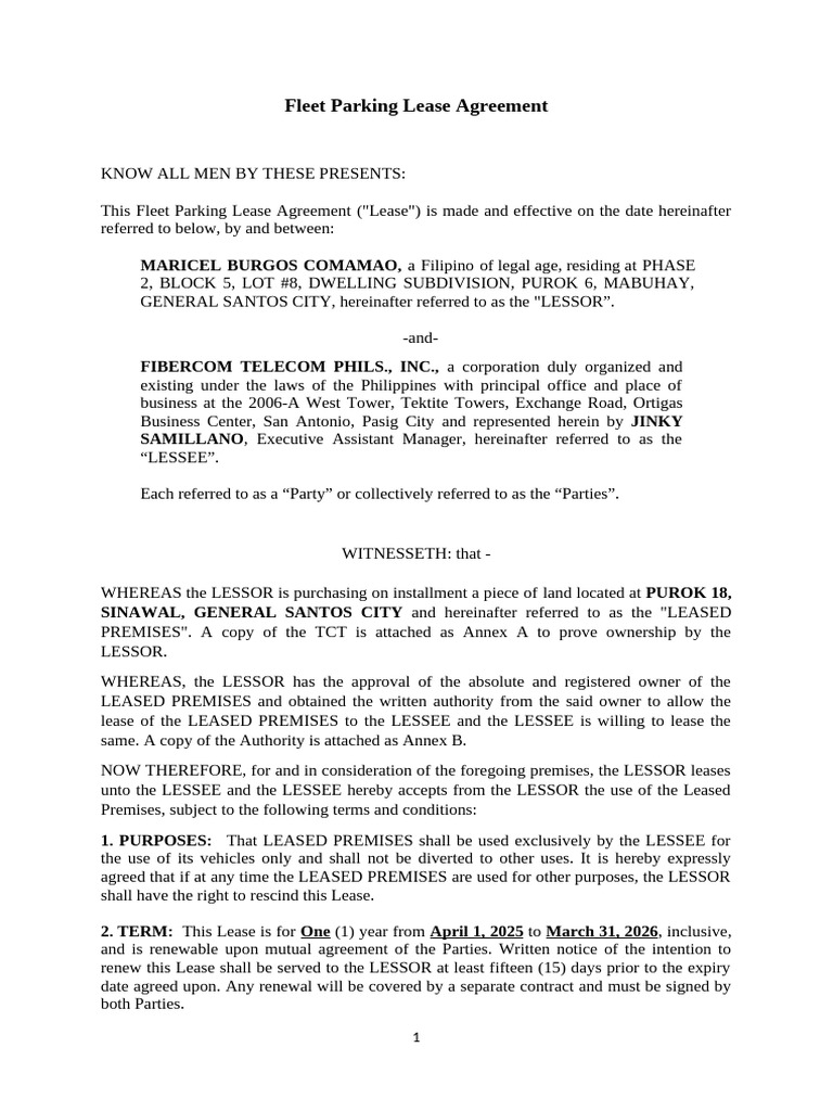 Draft Gensan Fleet Yard Contract 2025 | PDF | Lease | Private Law