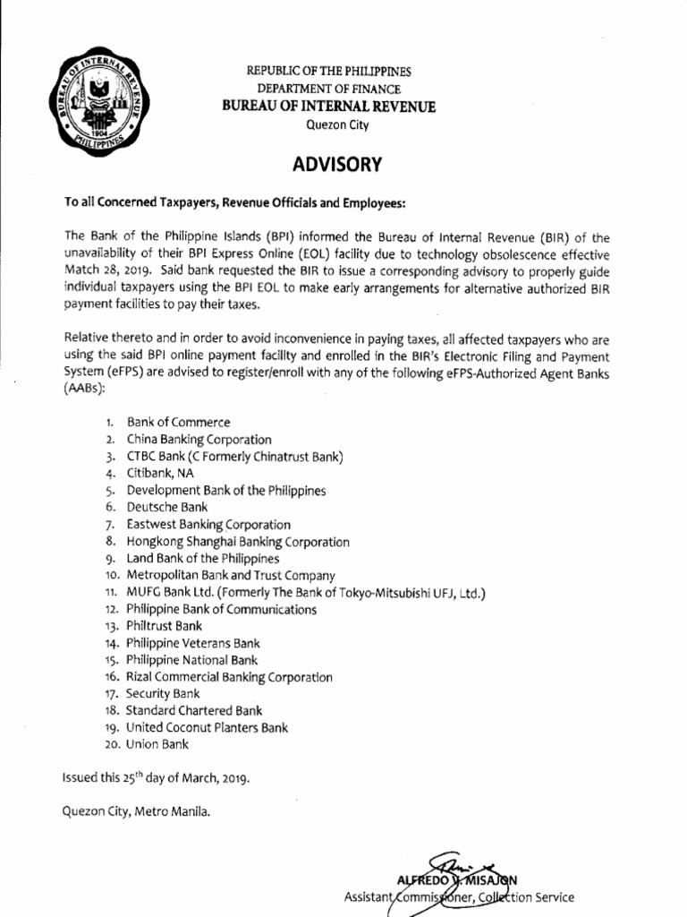 BPI EOL Facility Advisory for Taxpayers | PDF