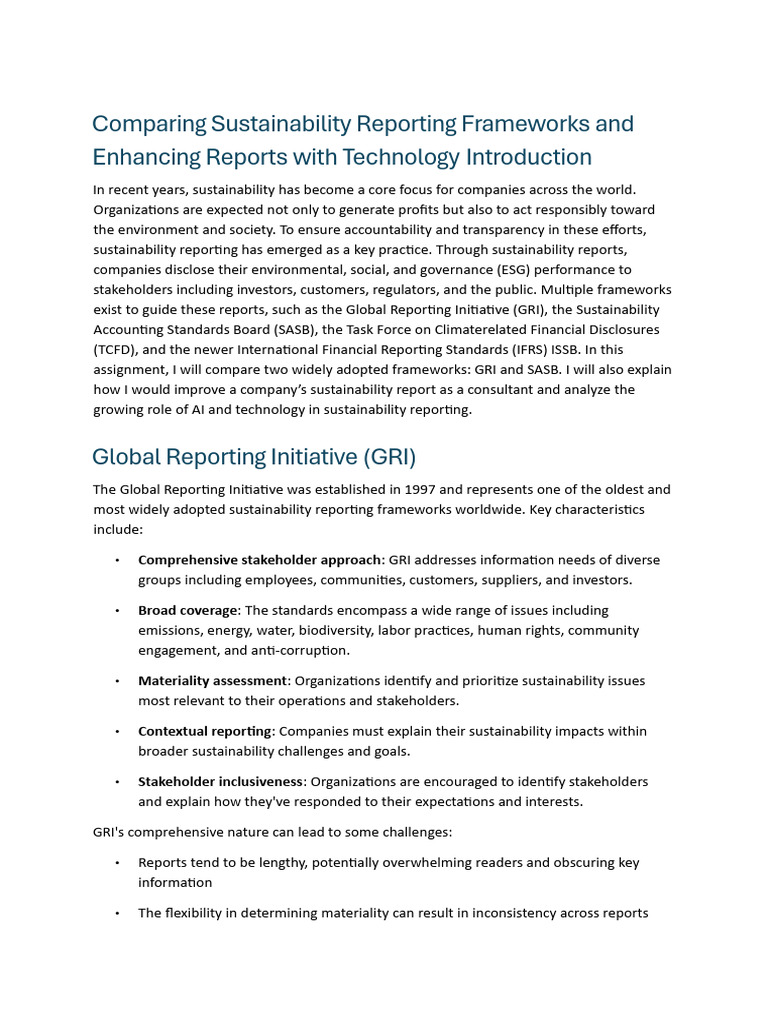 Comparing Sustainability Reporting Frameworks and Enhancing Reports With Technology | PDF ...