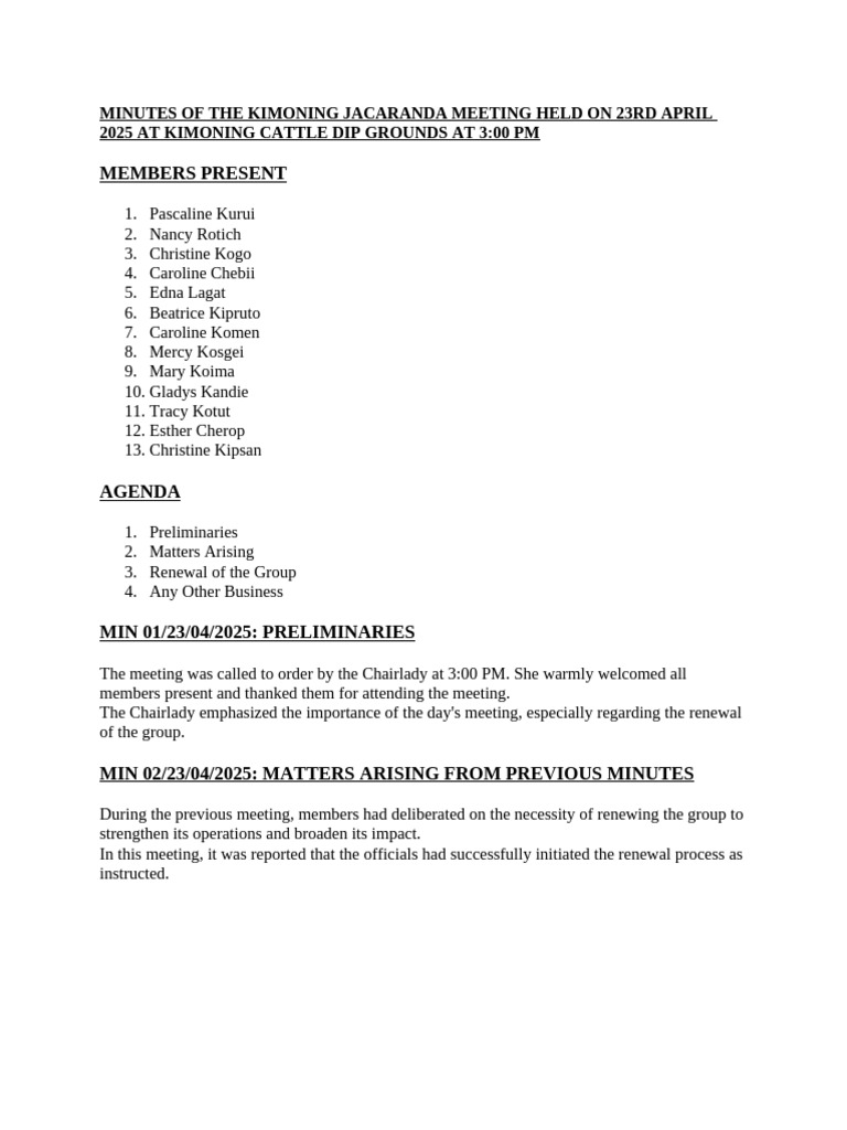 Minutes of The Kimoning Jacaranda Meeting Held On 23RD April 2025 at ...