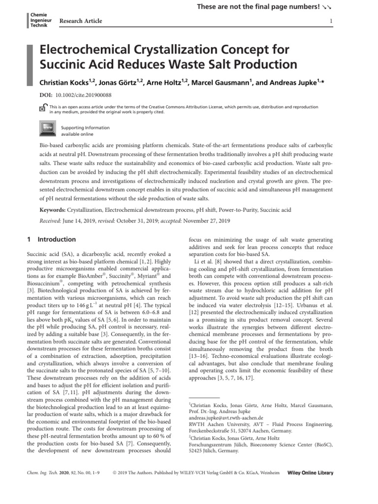 Electrochemical Crystallization Concept For Succin | PDF | Acid | Ph