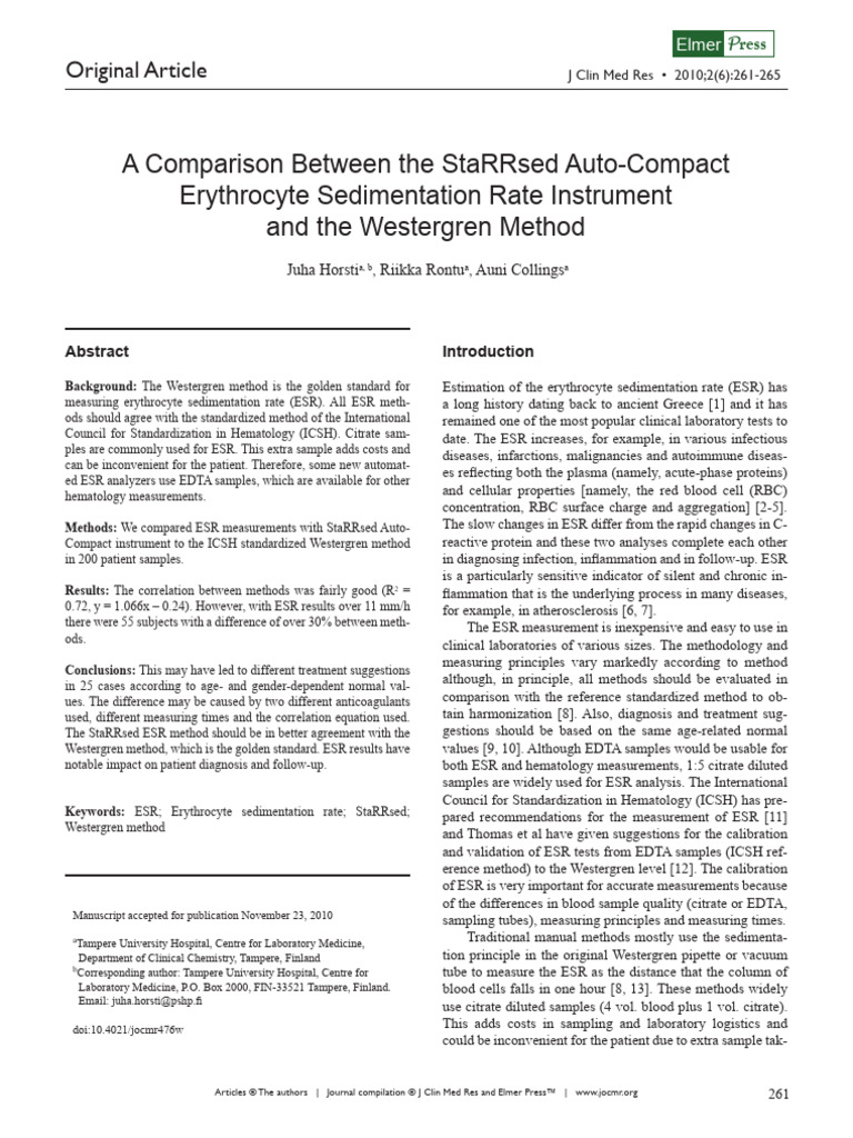 Comparing StaRRsed and Westergren ESR Methods | PDF | Medical ...