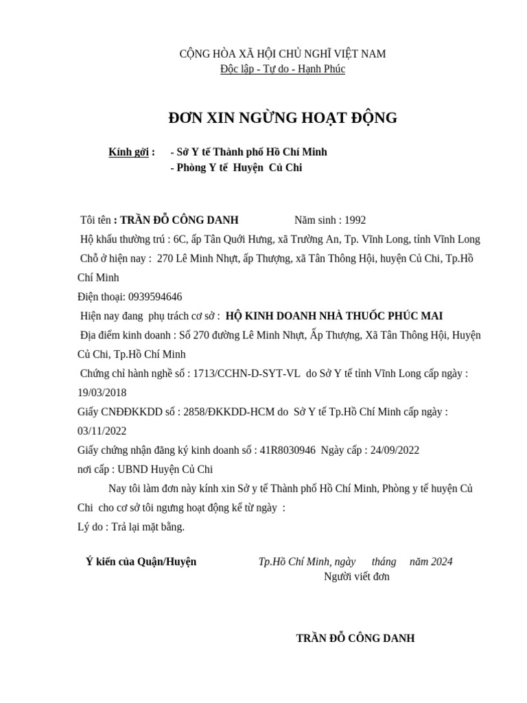 Đơn Xin NG NG Ho T Đ NG | PDF